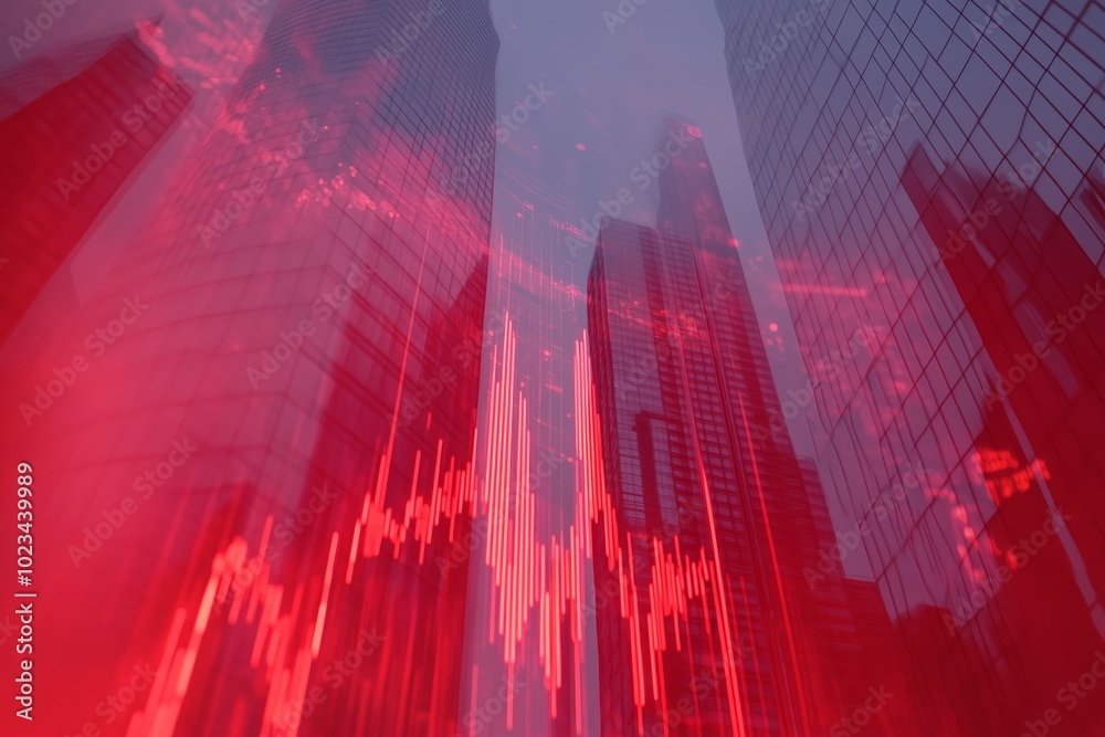 Digital red financial chart on modern skyscraper referencing investing ...