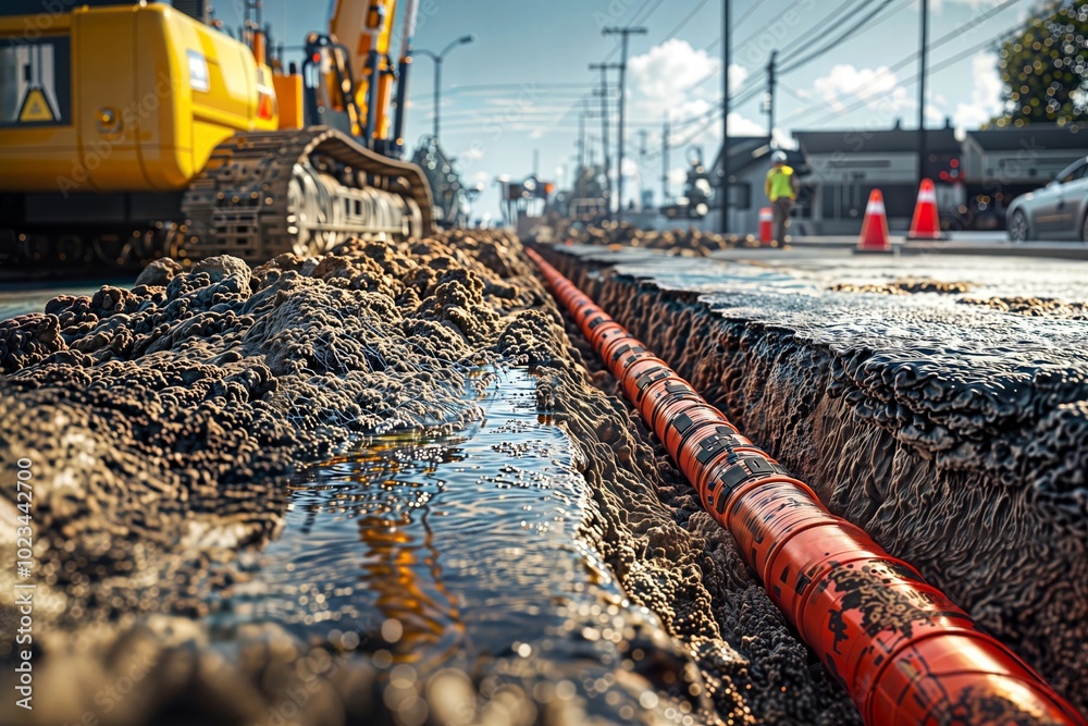 Urban Cable Installation. Orange cable being laid in a trench on a city ...