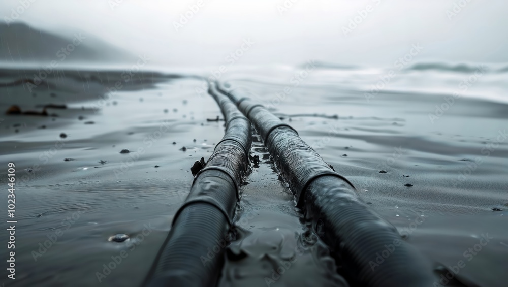 Coastal Pipeline Installation. Two parallel industrial pipelines ...