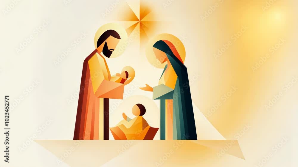 Flat design nativity scene with geometric shapes, featuring Mary ...