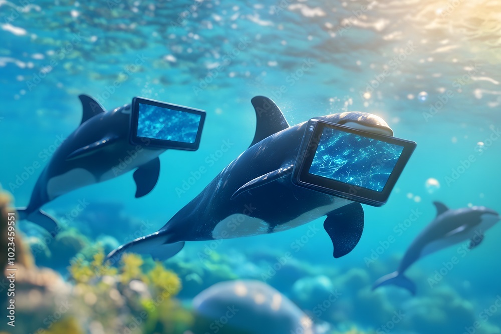 A group of orcas swimming in the ocean, each holding a tablet computer ...