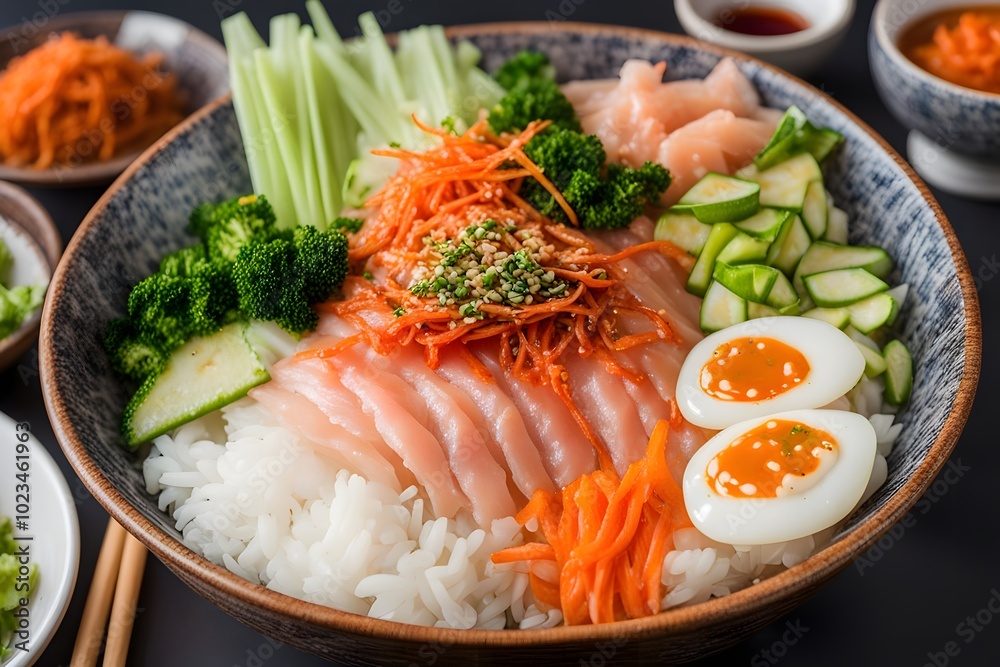 A traditional serving of hwe dup bap a Korean sashimi rice bowl topped ...