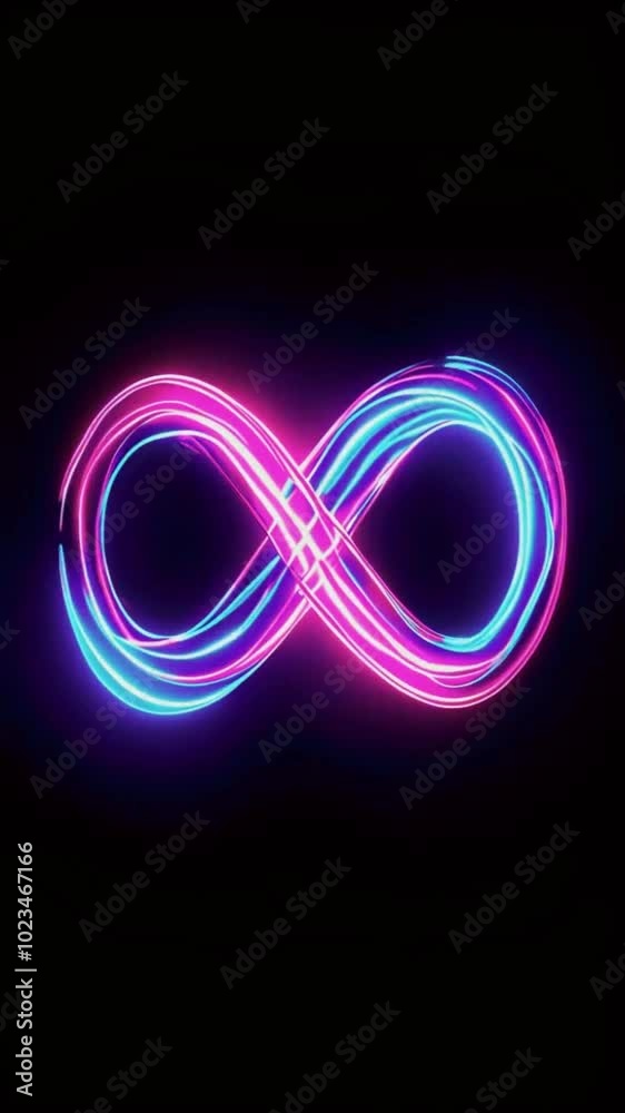 Two neon wavy lines spin shape infinity symbol, glowing brightly black ...