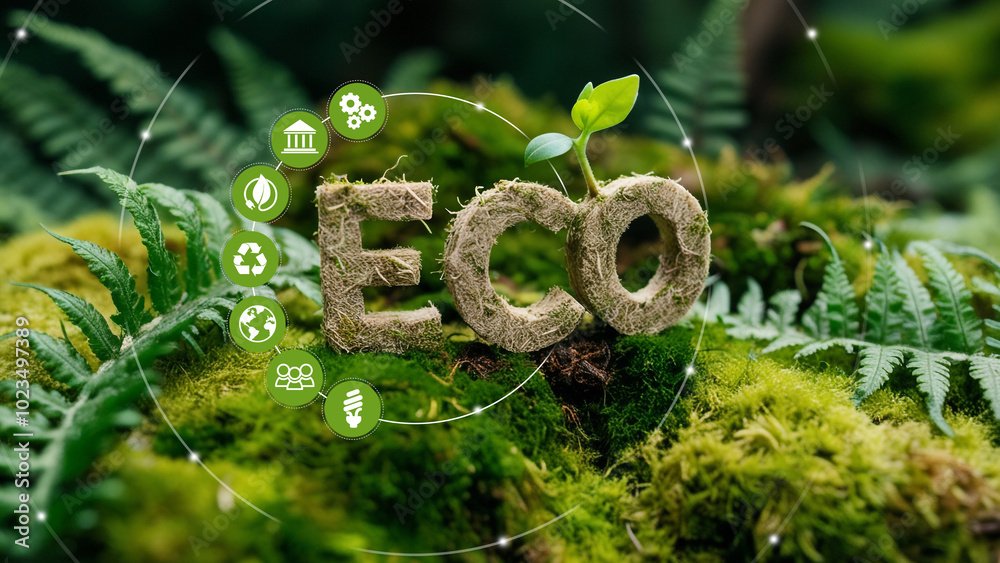 Eco Text on Green Moss Background.Net Zero 2050.CO2 reduce.Green energy ...