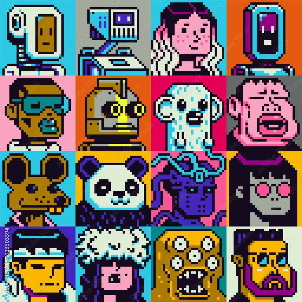 Pixel art people character set, man, woman, girl, guy, avatar, social ...