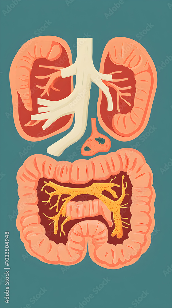 Photo A cartoon drawing of a human body with the stomach and intestines ...