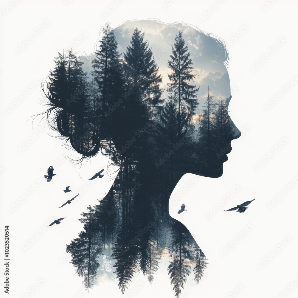 The outline of a woman’s body filled with tall trees, her hair merging ...