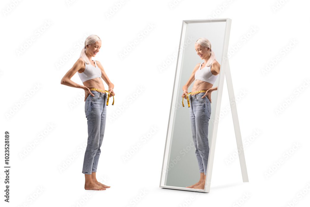 Skinny woman in jeans and crop top measuring waste with a tape in front ...