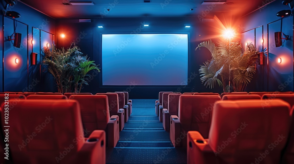 Small modern movie theater with ultra wide bright silver screen in the ...