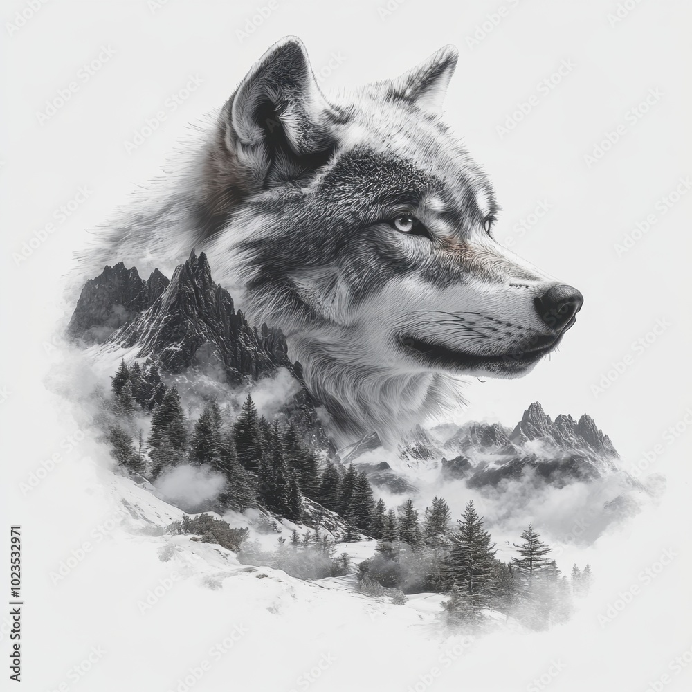 The outline of a wolf merging with the jagged peaks of Patagonia, where ...