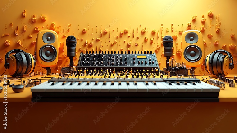 A detailed illustration of a music studio setup, featuring microphones ...