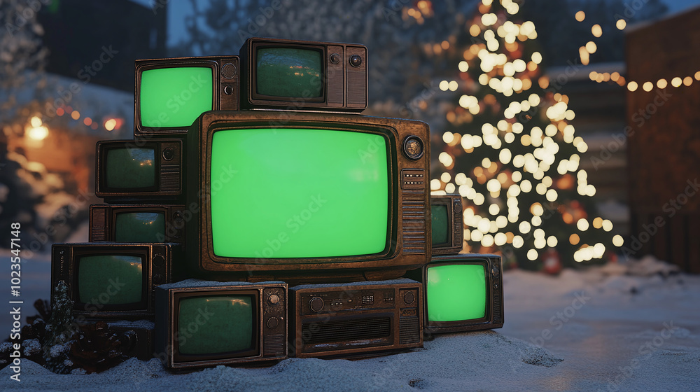 stack of old televisions winter christmas theme outdoors stacks tvs ...