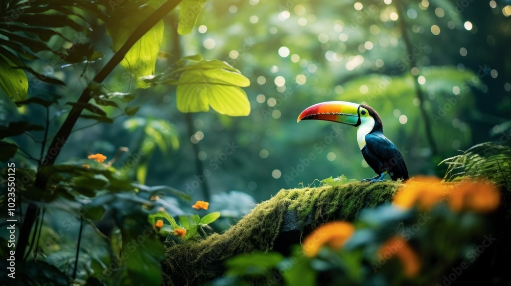 Keel billed Toucan, bird with big bill sitting on the branch in the ...