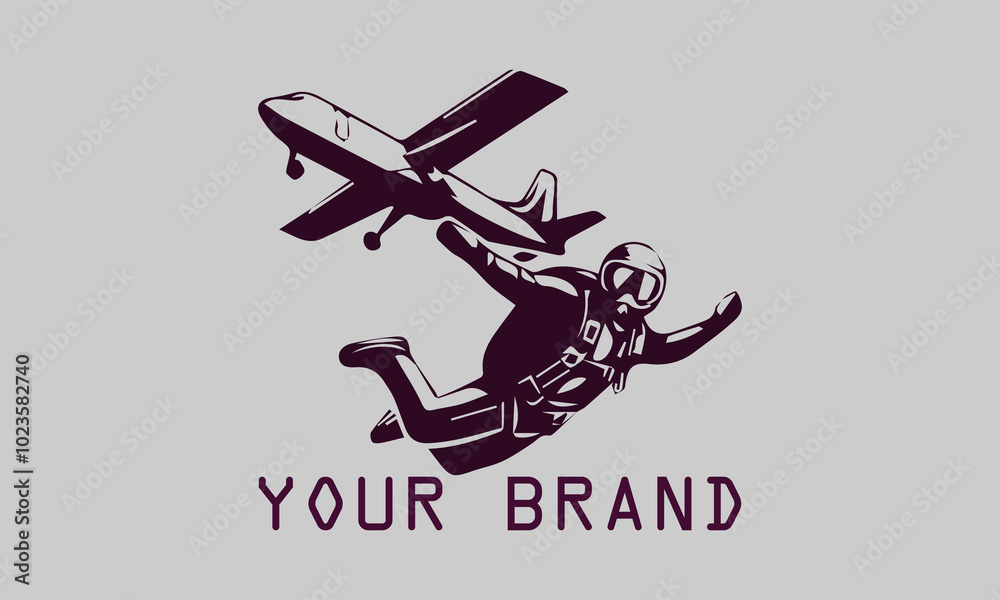 This vector illustration shows a skydiver jumping from a plane with an ...