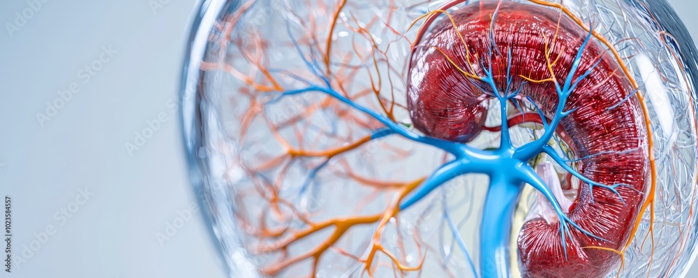 A 3D anatomical model of a human kidney, showing the renal cortex ...