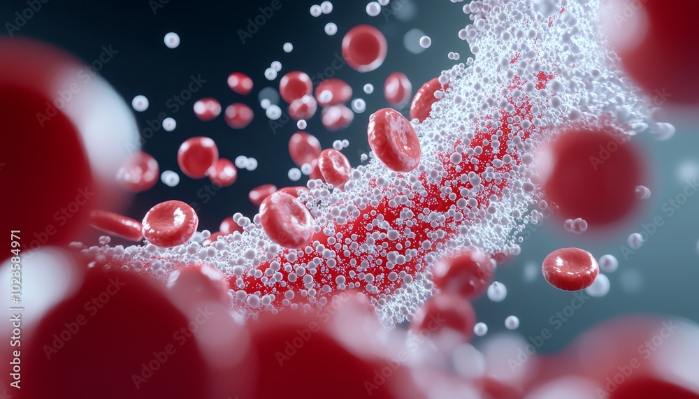 A 3D model of oxygen molecules attaching to hemoglobin in red blood ...