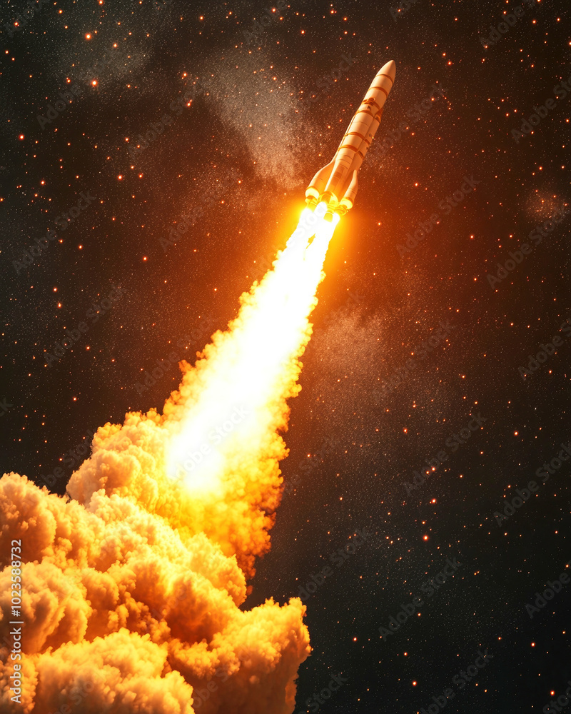 Rocket launch illuminates the starry sky with fiery exhaust and dynamic ...