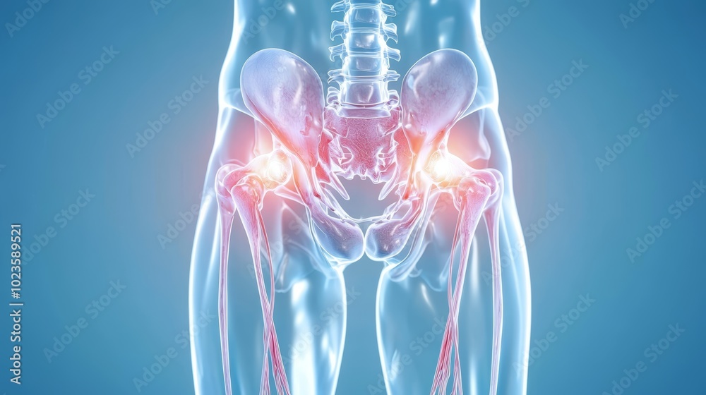 A detailed front-facing 3D illustration of the hip joint, showing ...