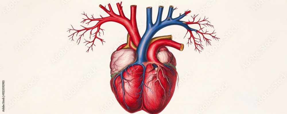 A frontal view of the human heart, with the coronary arteries and veins ...