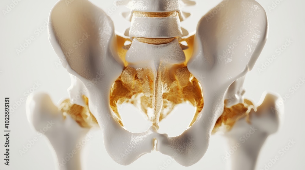 A front-facing 3D model of the pelvis and femur, showing the hip joint ...