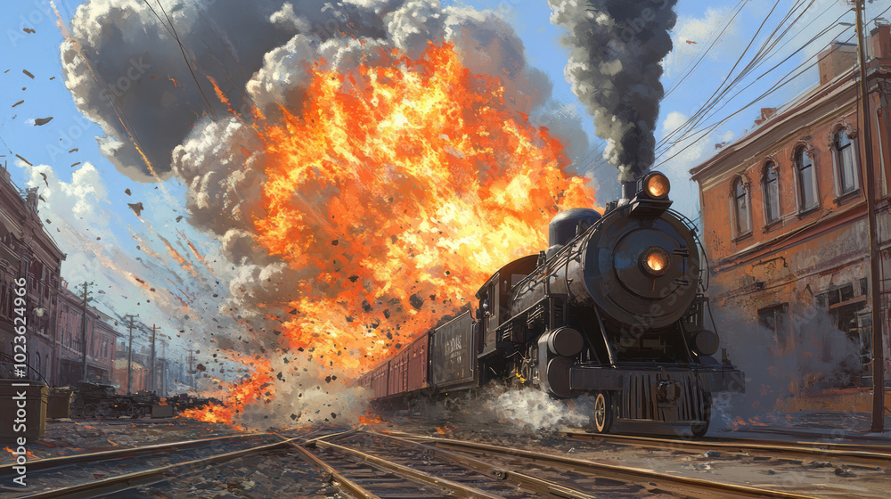 dramatic scene of industrial explosion featuring vintage steam ...