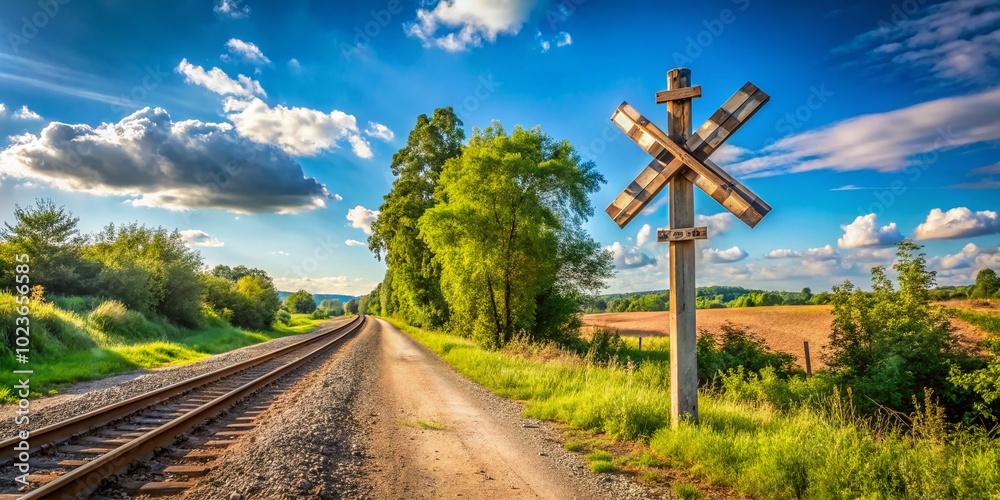 A rusty railroad crossing sign stands tall above a quiet rural road ...