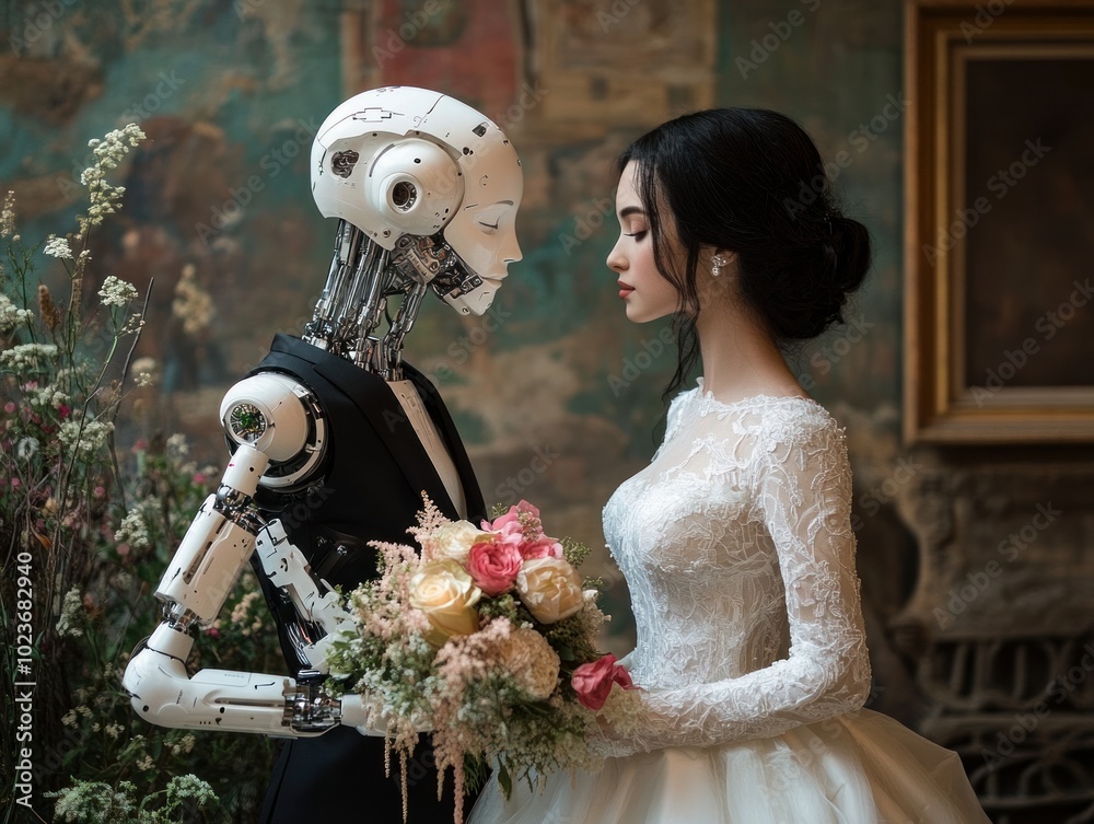 bride and groom, wedding between a human and a robot, robot with ...