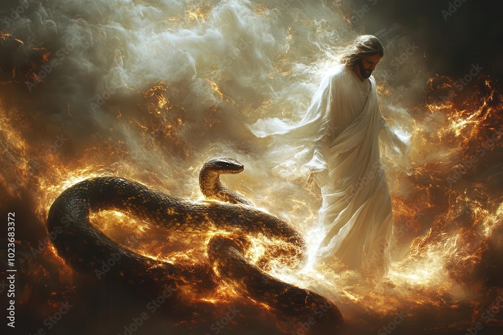 symbolic representation of jesus christ in a white robe stepping on a ...