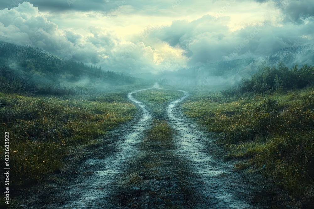 symbolic scene of a fork in the road paths diverging and converging ... symbolic scene of a fork in the road paths diverging and converging ...