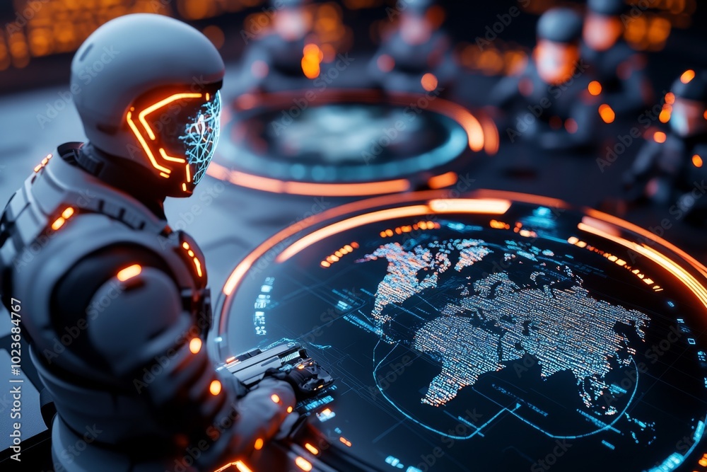 A futuristic military command center with glowing digital maps ...