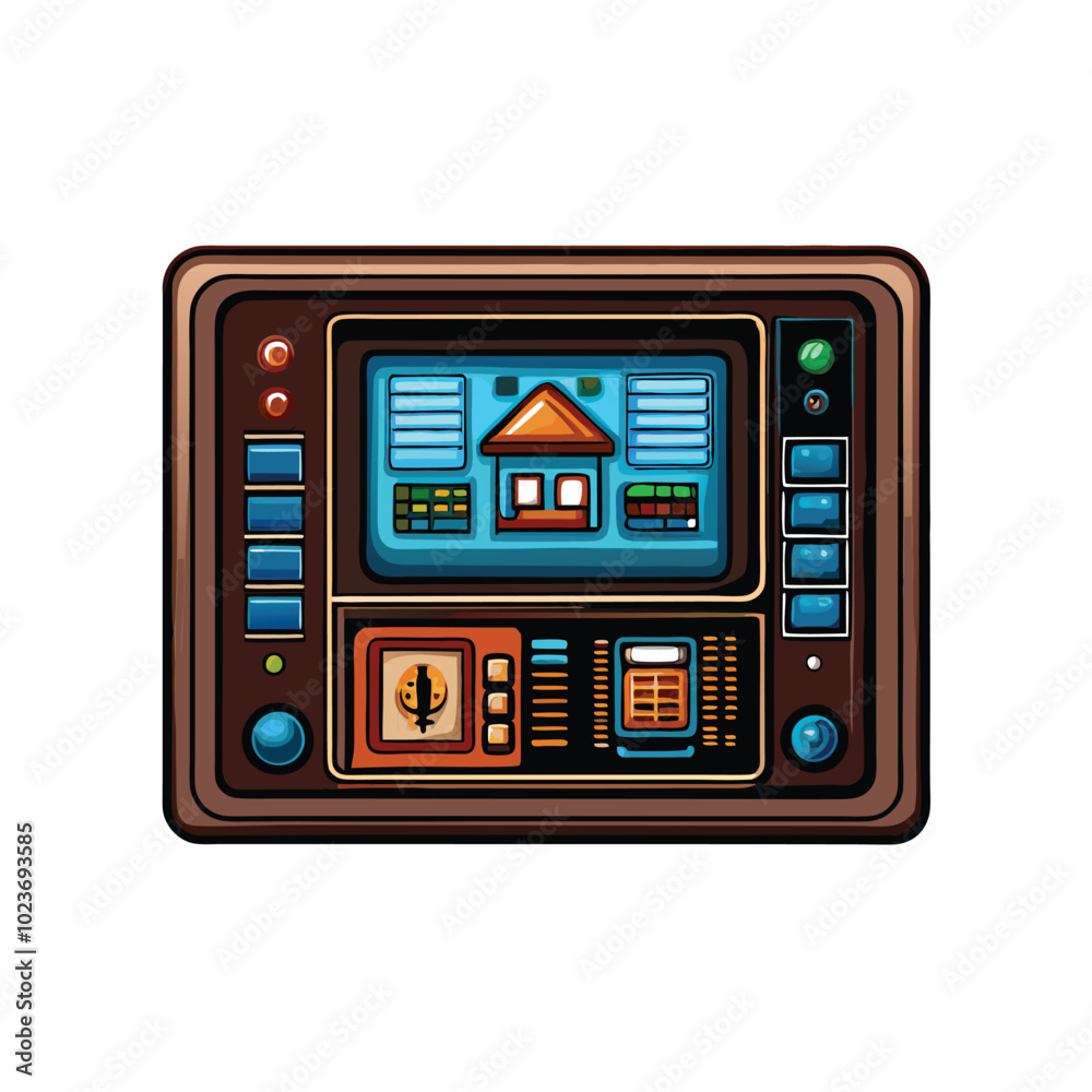 A retro-futuristic smart home control panel with a house icon on the ...