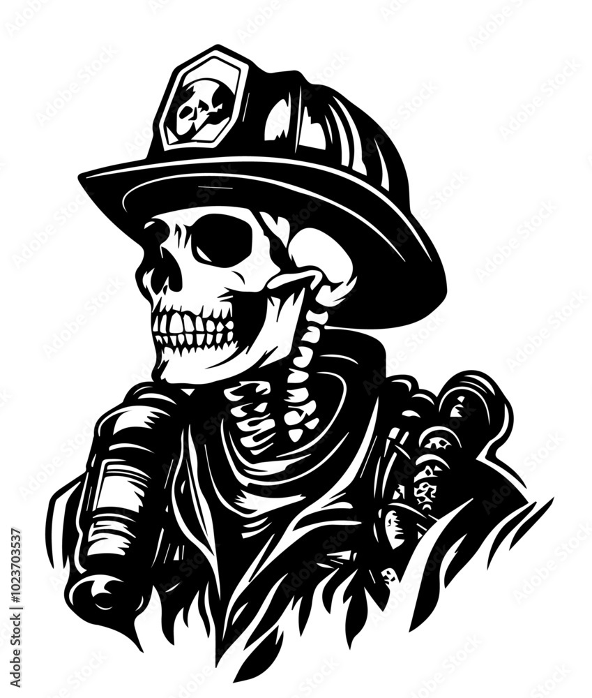 spooky skeleton wearing firefighter suit in black vector artwork Stock ...