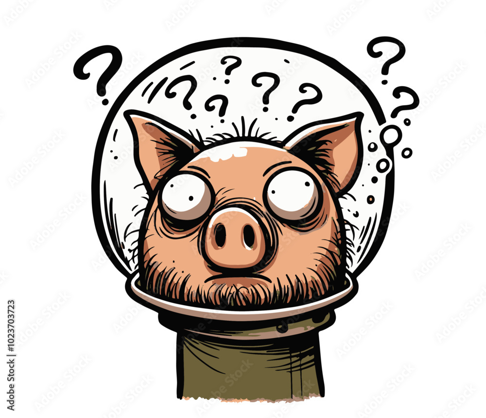confused pig wearing space helmet with question marks cartoon vector ...