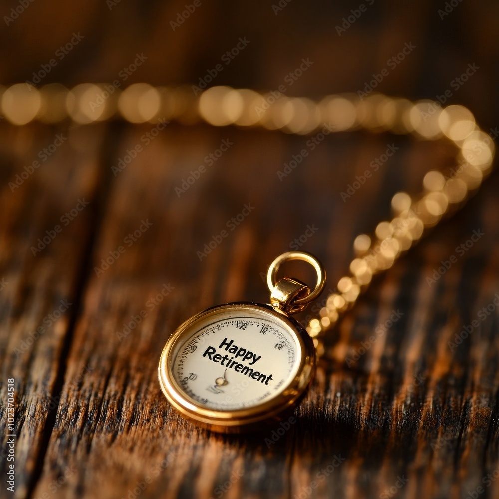Elegant gold pocket watch with 'Happy Retirement' engraving on rustic ...