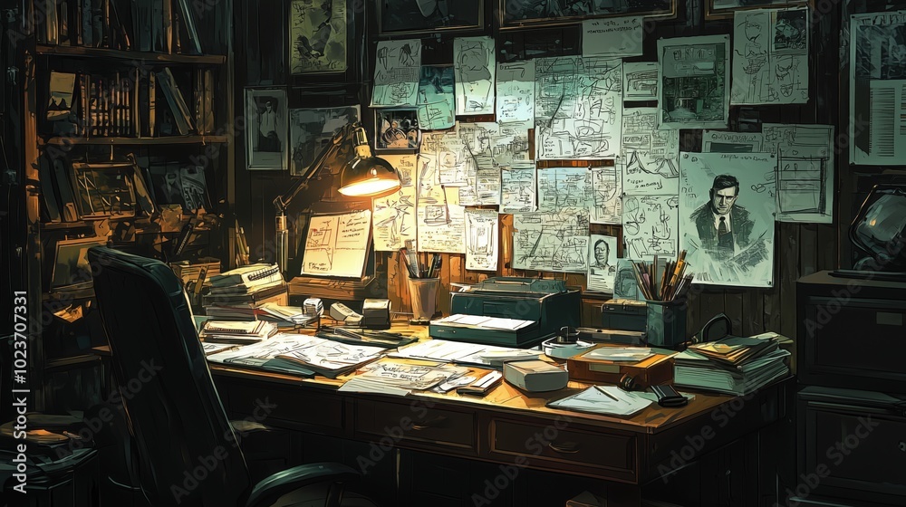 Detective's study cluttered desk with crime investigation papers and ...