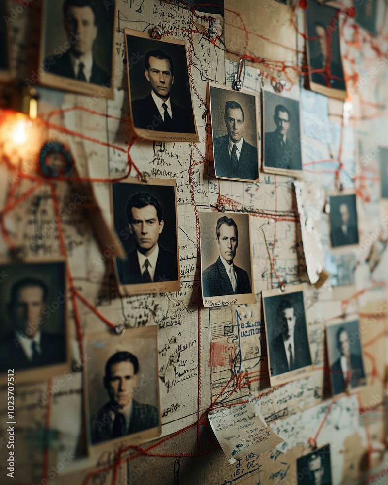 Detective investigation board with vintage photos and red string ...