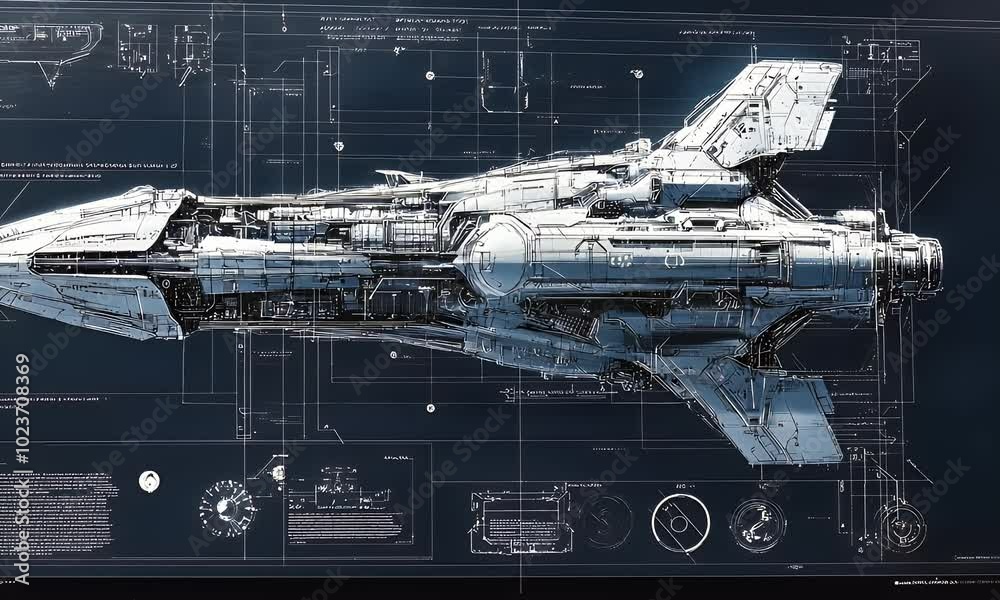 Technical blueprint of a futuristic spaceship with detailed design and ...