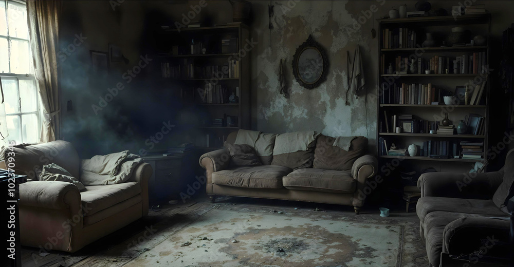 Abandoned living room with smoke-filled atmosphere. Dilapidated ...