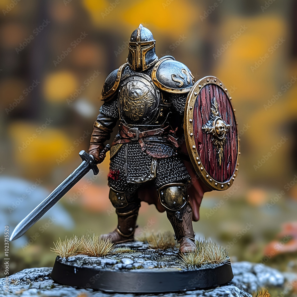 Detailed warrior miniature stands ready for battle in a fantasy ...