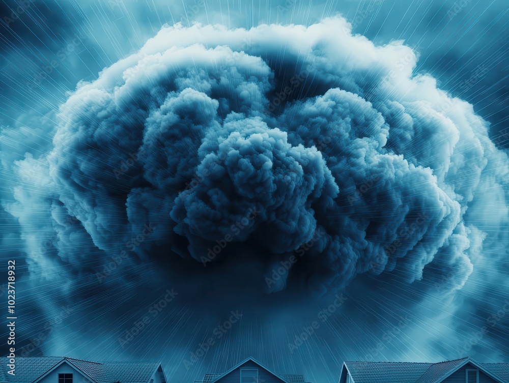 Storm clouds approaching a coastal city with flood warning systems ...