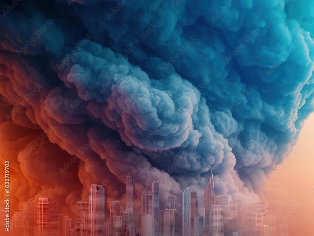 Storm clouds approaching a coastal city with flood warning systems ...