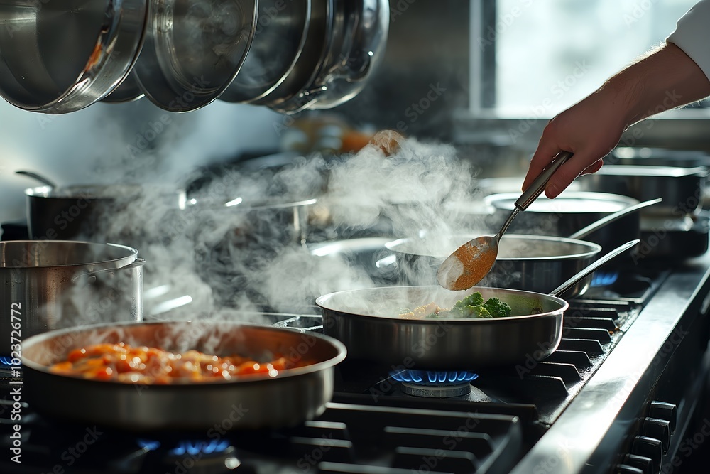 Steam Rising From Multiple Pans on a Gas Stove, While a Chef Stirs One ...