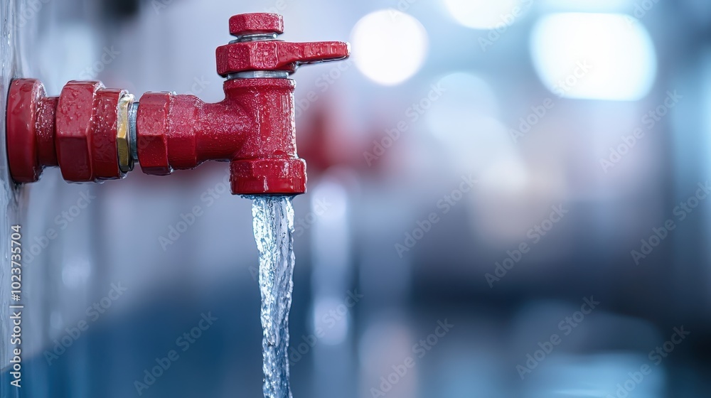 A red water tap gushes clear water against a softly blurred background ...