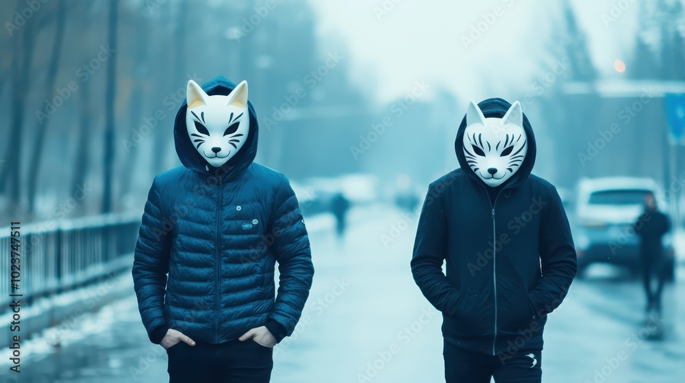 Two people in white fox masks walk through a foggy city, shrouded in ...