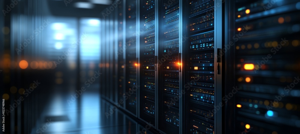 Modern Data Center Rows of Server Racks with Flashing Lights, Big Data Storage and Processing ...