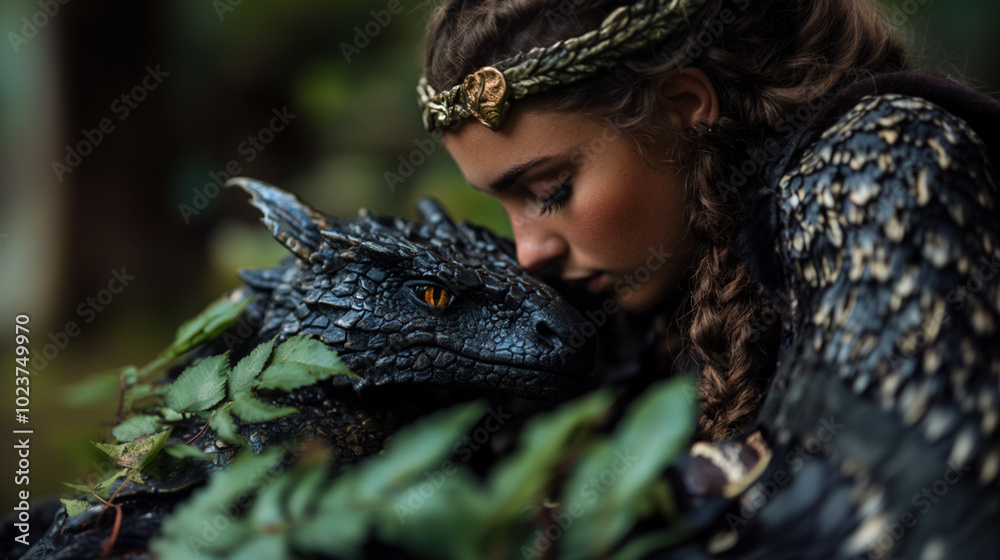 Fantasy woman and dragon in a heartfelt moment, close bond between ...