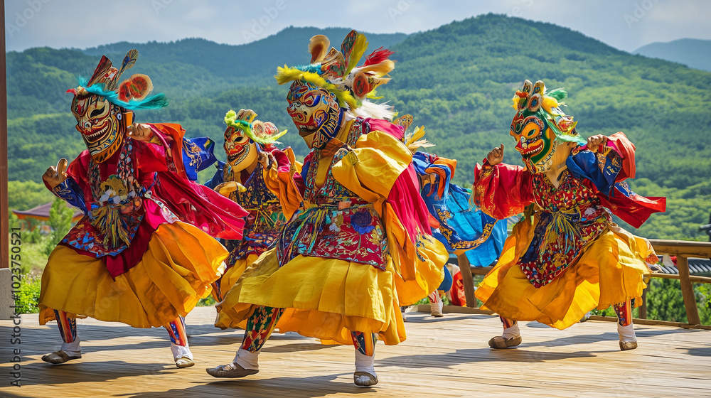 Andong Mask Dance Festival in Korea, dancers wear brightly colored ...