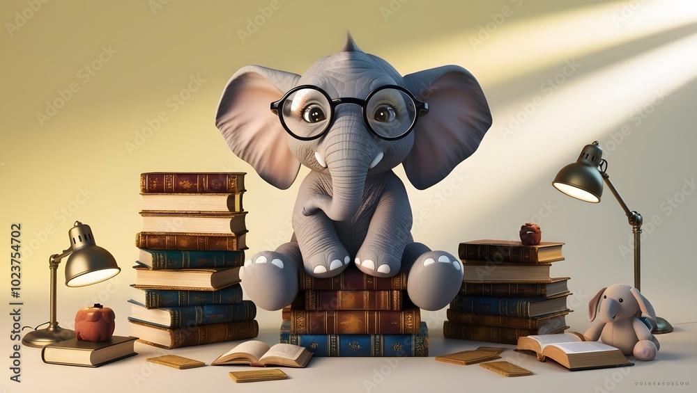 cute elephant read book wearing glasses with pile of book and light ...