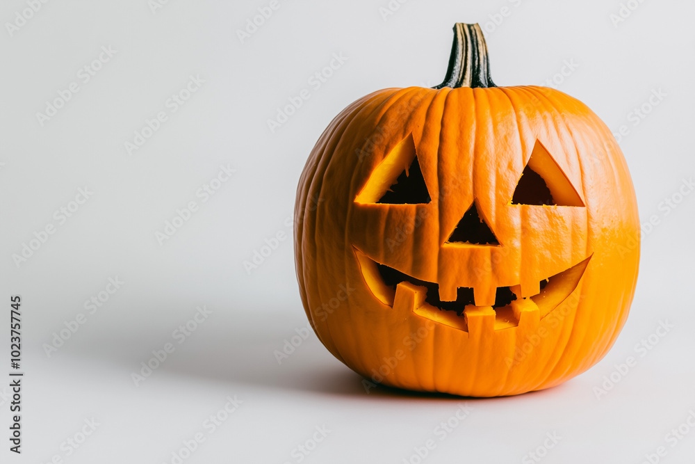 Classic carved jack-o'-lantern with a smiling face on a clean white ...