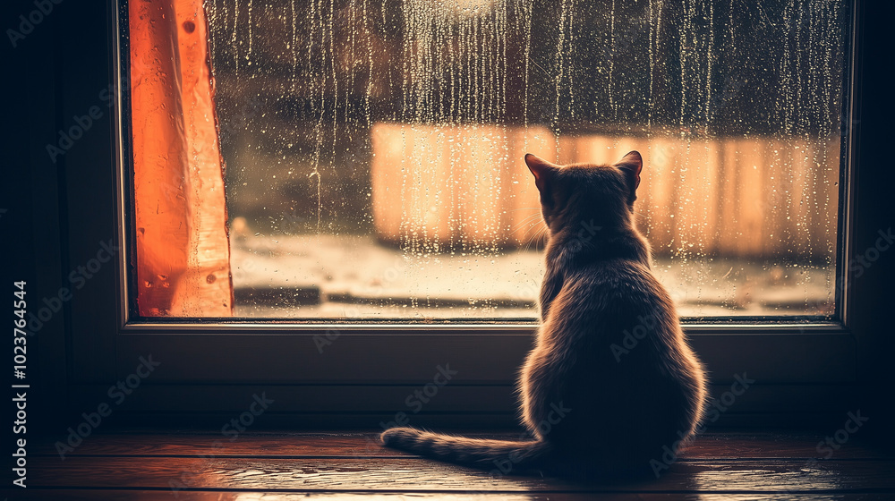 Sad cat inside a house looking out upon the world outside with a desire ...